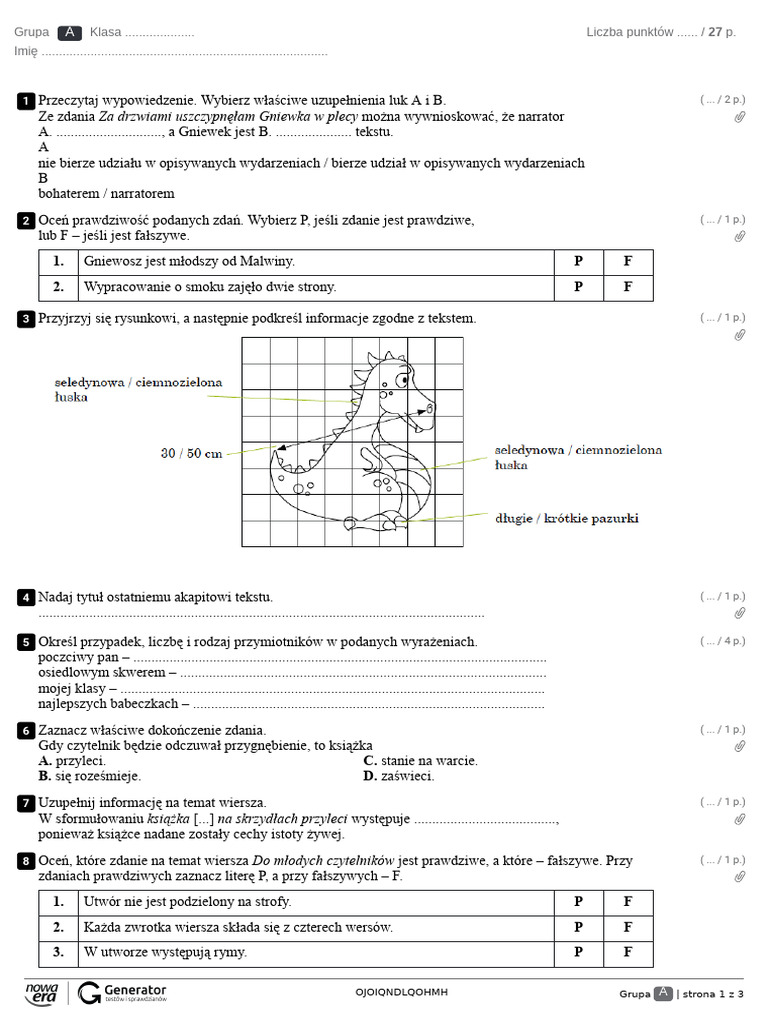 Test Podsumowujący Rozdz. 2. Szkolne Radości, Szkolne Smutki" Z ...