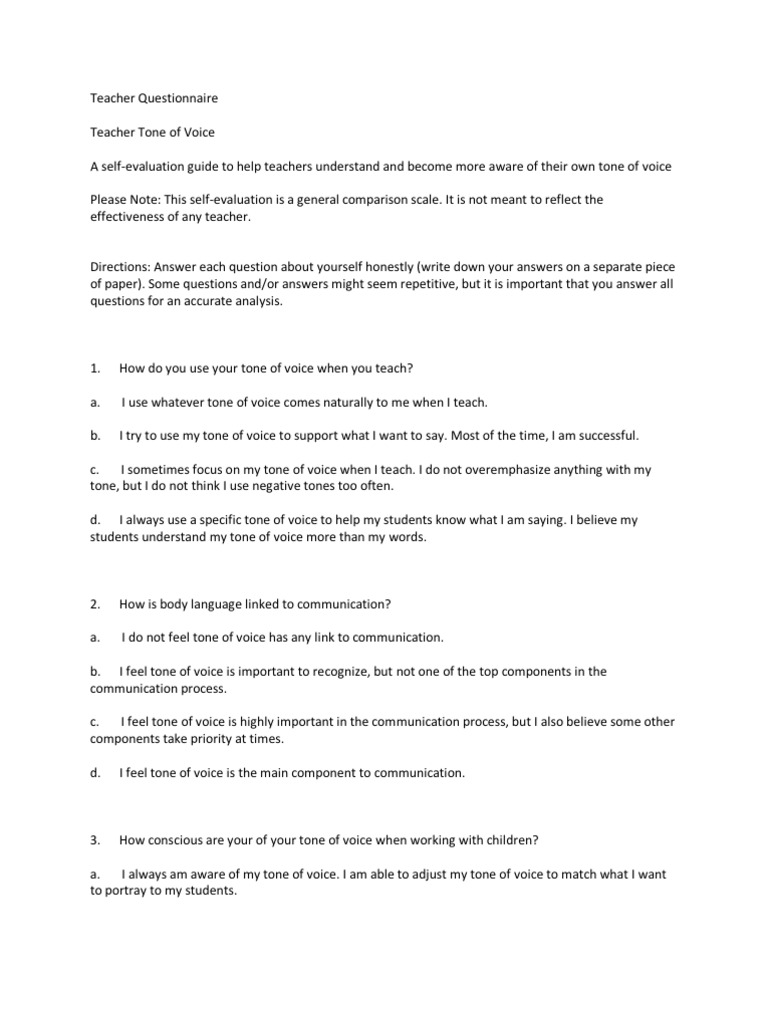 Teacher Questionnaire | Nonverbal Communication | Tone (Linguistics)