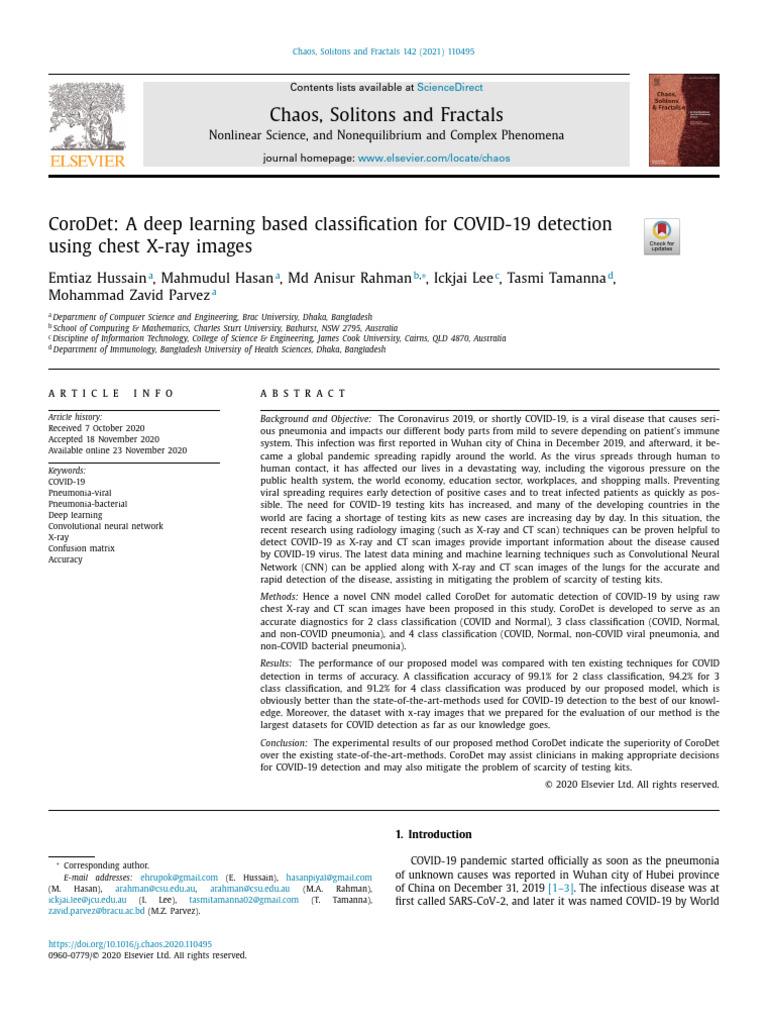 CoroDet - A Deep Learning Based Classification For COVID-19 Detection Using Chest X-Ray Images | PDF