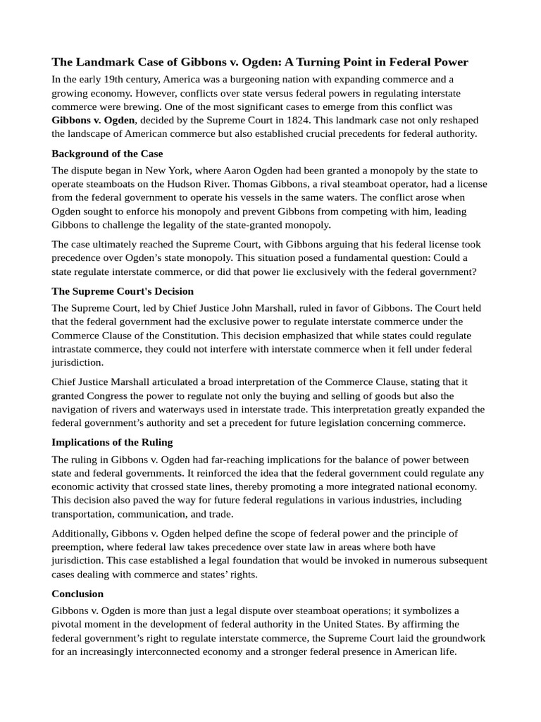 The Landmark Case of Gibbons v. Ogden: A Turning Point in Federal Power ...