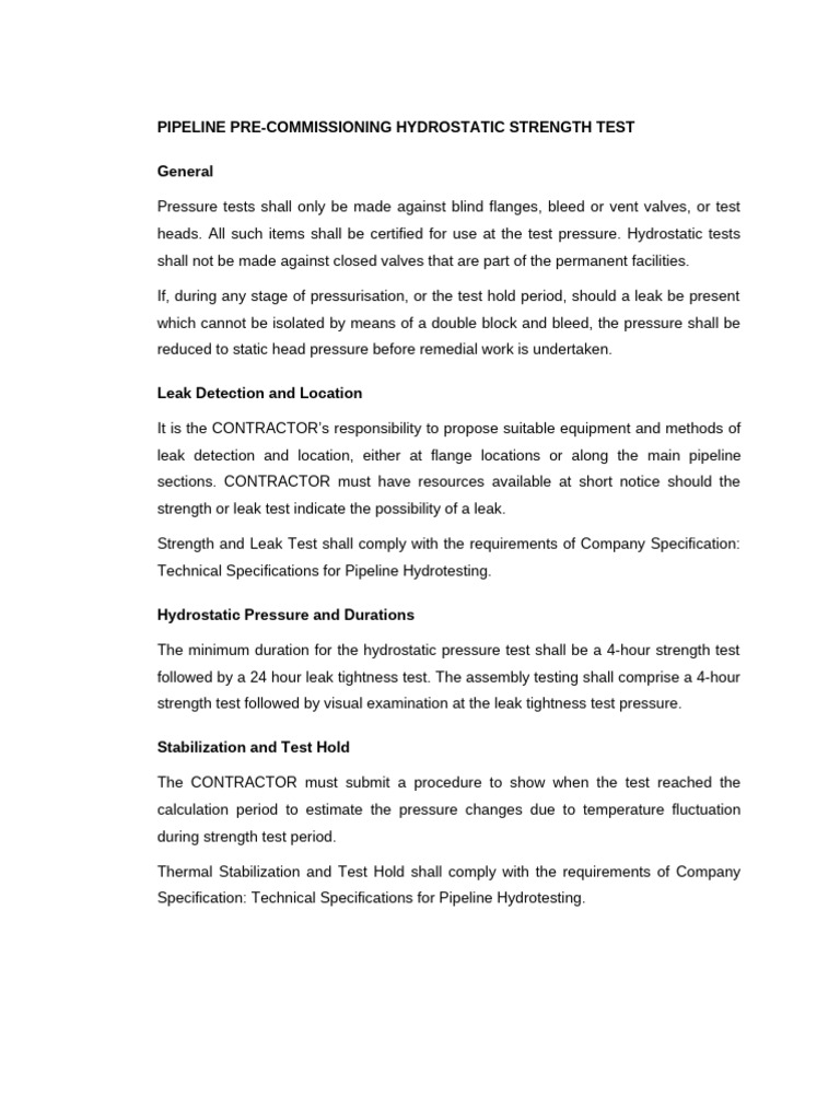 PIPELINE PRE-COMMISSIONING HYDROSTATIC STRENGTH TEST | PDF