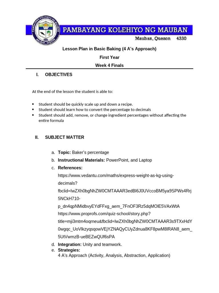 GROUP 5 BASIC BAKING ANGELO LESSON PLAN | PDF