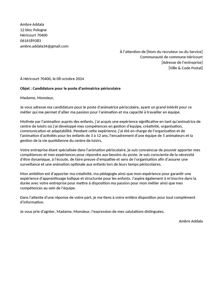 Lettre Motivation Animateur de Centre de Loisirs | PDF