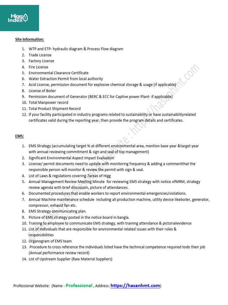 Higg FEM Document Checklist | PDF