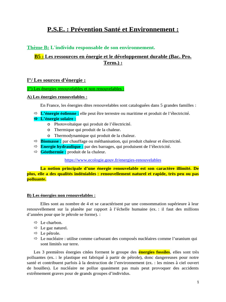PSE Thème B Module B5 Les Ressources en Énergie Et Le Développement ...