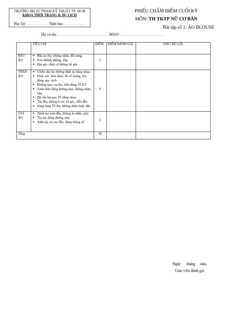 PHIẾU CHẤM ĐIỂM- TH TKTP NỮ CB- CUỐI KỲ | PDF