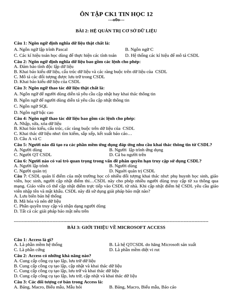 Ôn Tập CK1 Tin 12 2023-2024 | PDF
