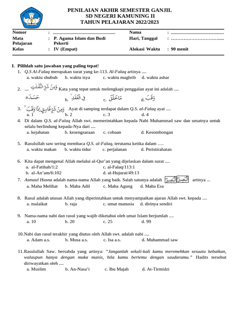 Soal Pas Pai Kelas 4 Sem 1 | PDF