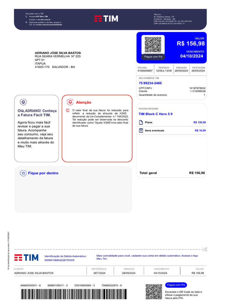 Fatura Tim - Adriano Jose | PDF