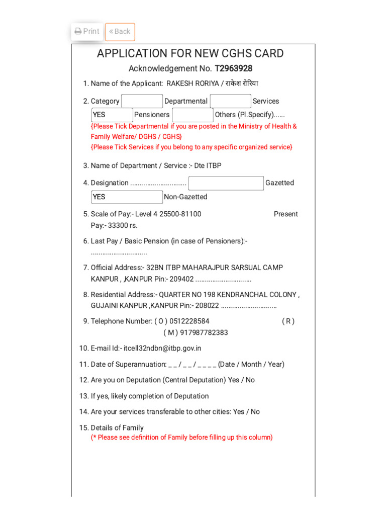 Application For New CGHS Card | PDF