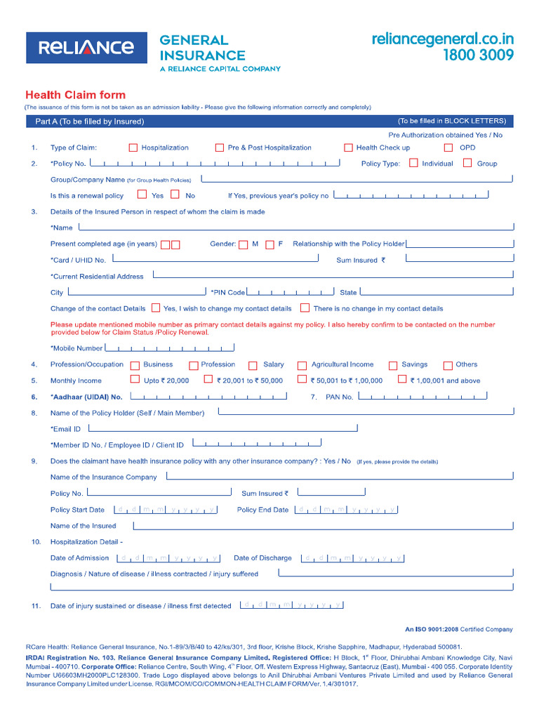 Health Claim Form-Reliance | PDF