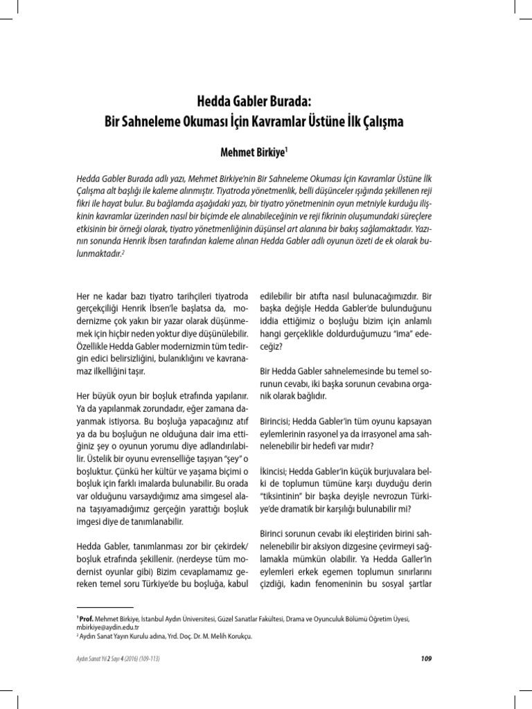 Hedda Gabler Burada Bir Sahneleme Okumas in Kavramlar ST Ne LK Al Ma ...