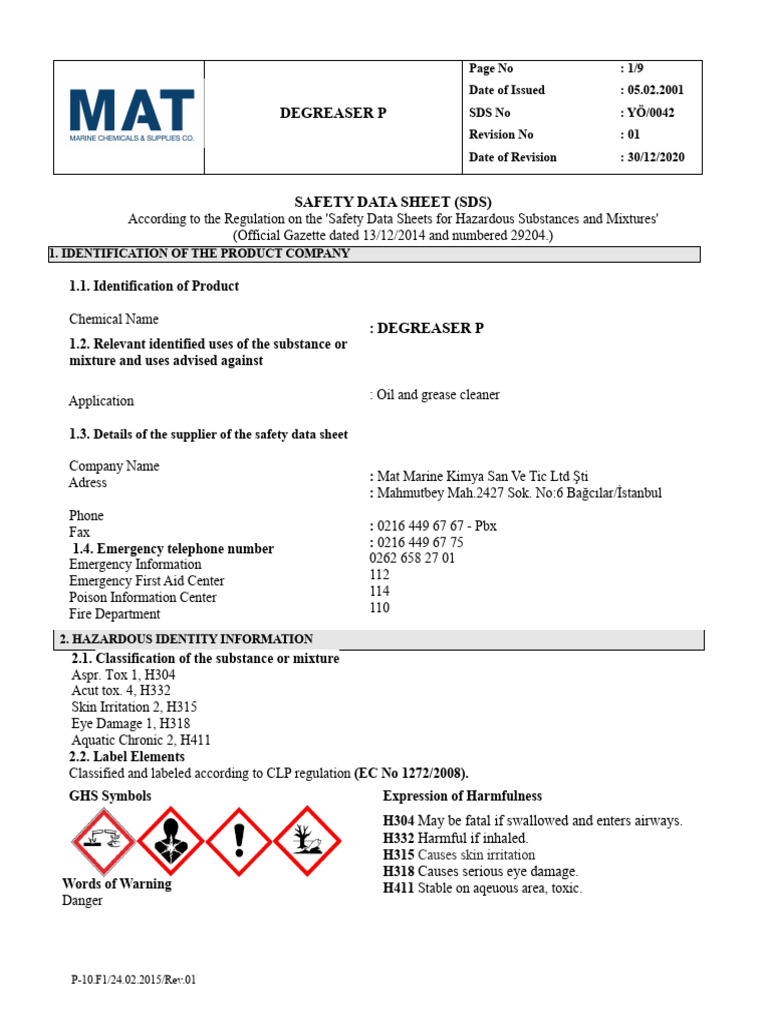 Degreaser P - Oil Grease Remover - Eng Sds | PDF