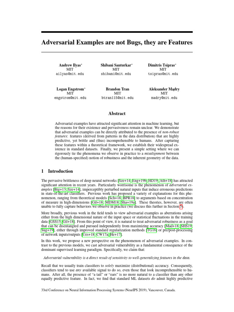 NeurIPS 2019 Adversarial Examples Are Not Bugs They Are Features Paper | PDF