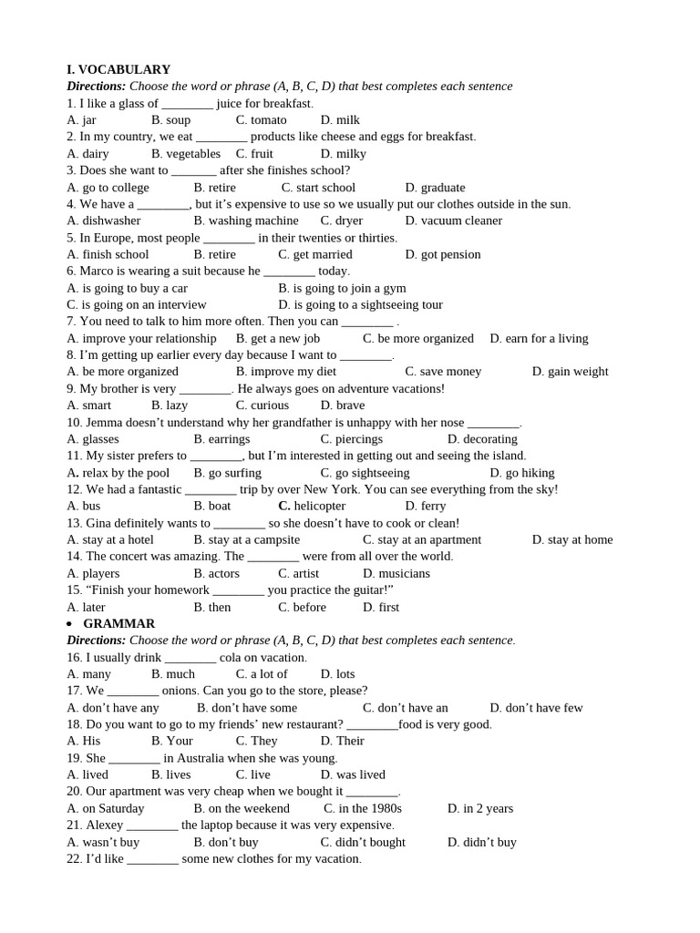 Choose The Word or Phrase (A, B, C, D) That Best Completes Each ...