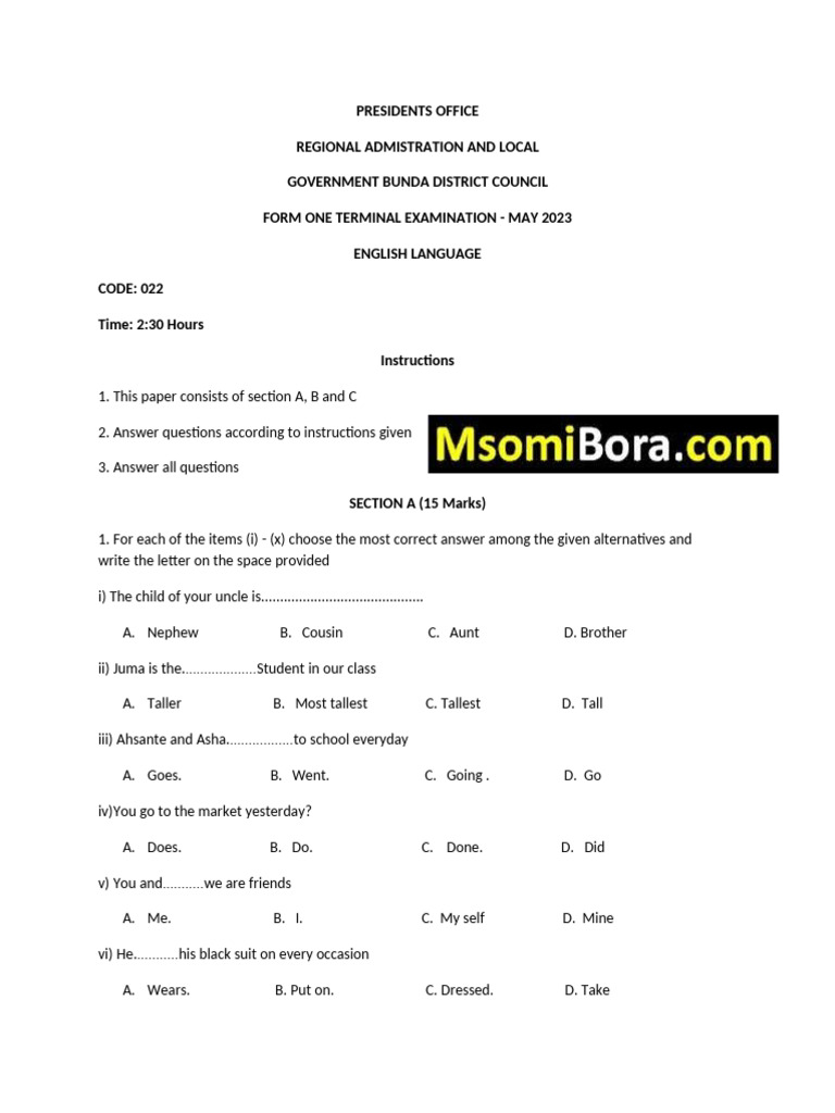 Form One English Exam May 2023 | PDF | Linguistic Morphology | Syntax