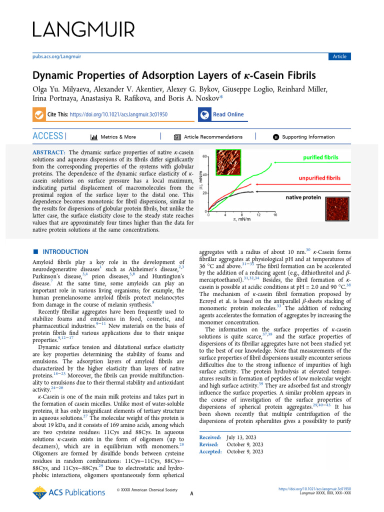 Dynamic Properties of Adsorption Layers of K-Casein Fibrils | PDF