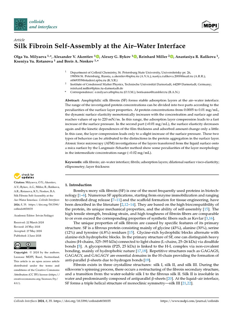 Silk Fibroin Self-Assembly at The Air-Water Interface | PDF
