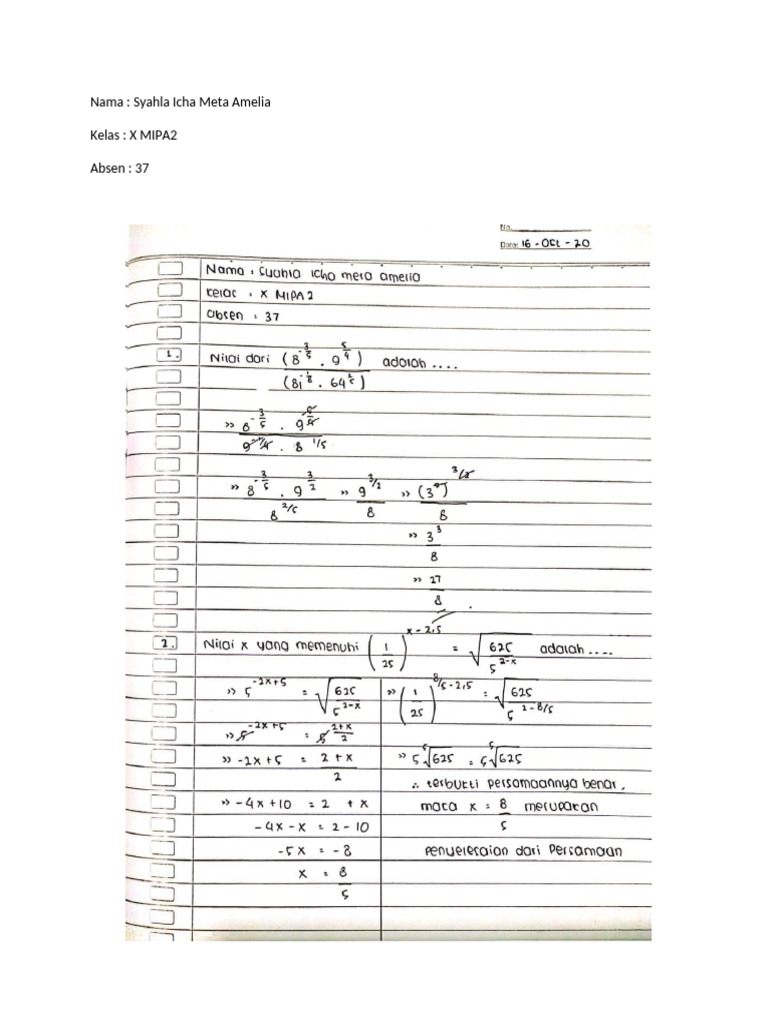 Tugas Mat Min X Mipa2 - Syahla Icha Meta Amelia - Syahla Icha Meta Amelia Siswa | PDF
