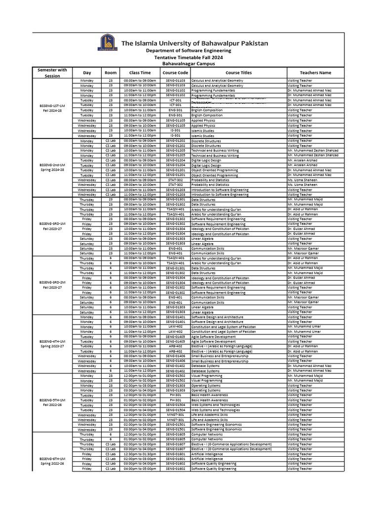 SE Timetable Fall 2024 | PDF