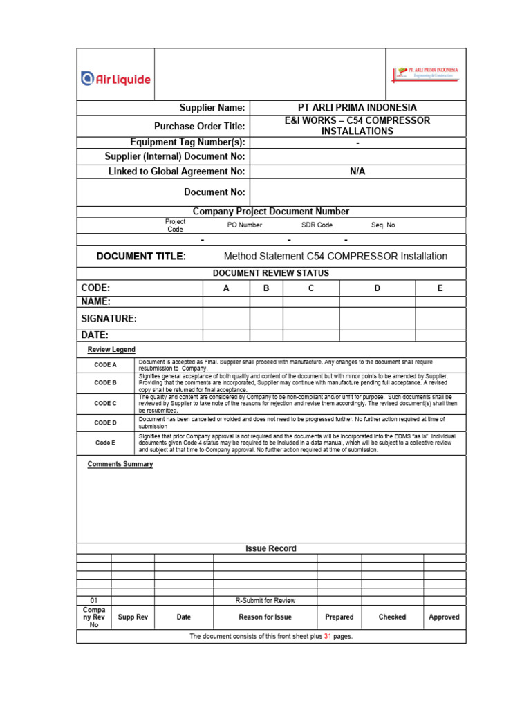 Document Title:: Method Statement C54 COMPRESSOR Installation | PDF