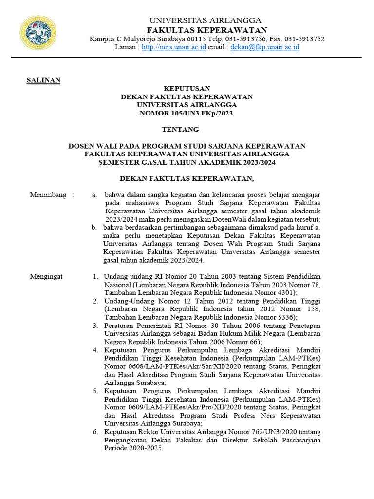 105_SK Dosen Wali Prodi S1 GASAL 2023_2024_done | PDF