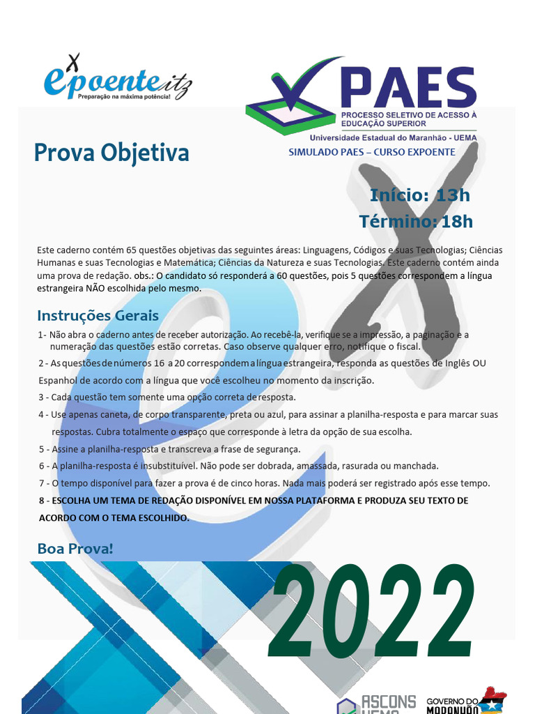 Primeiro Simulado PAES UEMA-UEMASUL EXPOENTE | PDF