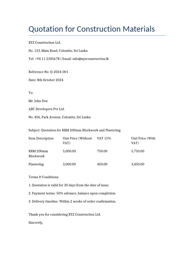 Quotation For Construction Materials RRM | PDF