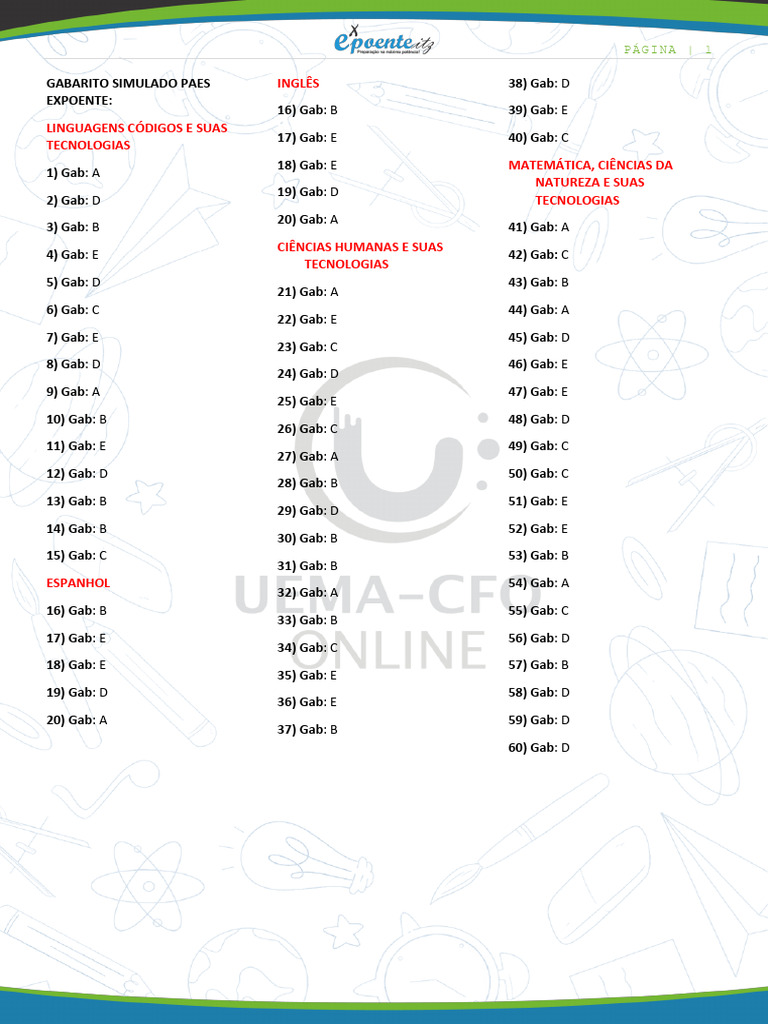 GABARITO Primeiro Simulado PAES UEMA-UEMASUL EXPOENTE | PDF