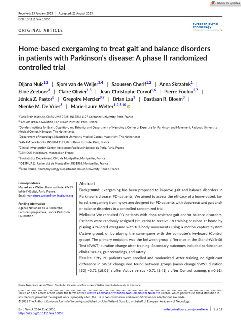 Euro J of Neurology - 2023 - Nuic - Home Based Exergaming To Treat Gait and Balance Disorders in ...