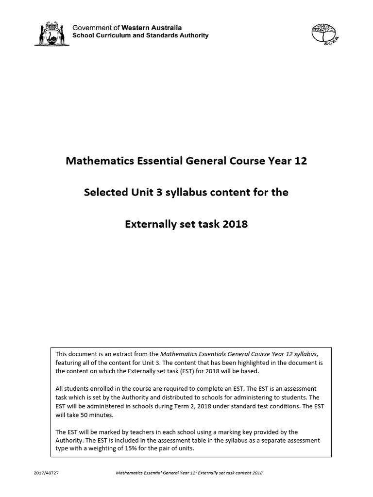 Mathematics Essential Content For 2018 EST | PDF