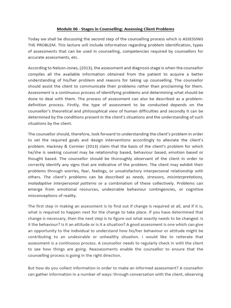 Module 06 - Stages in Counselling- Assessing Client Problems | PDF