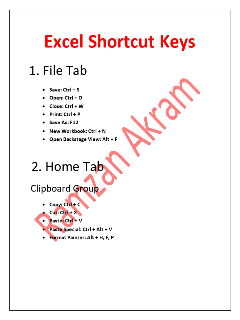 Excel Shortcut Keys | PDF