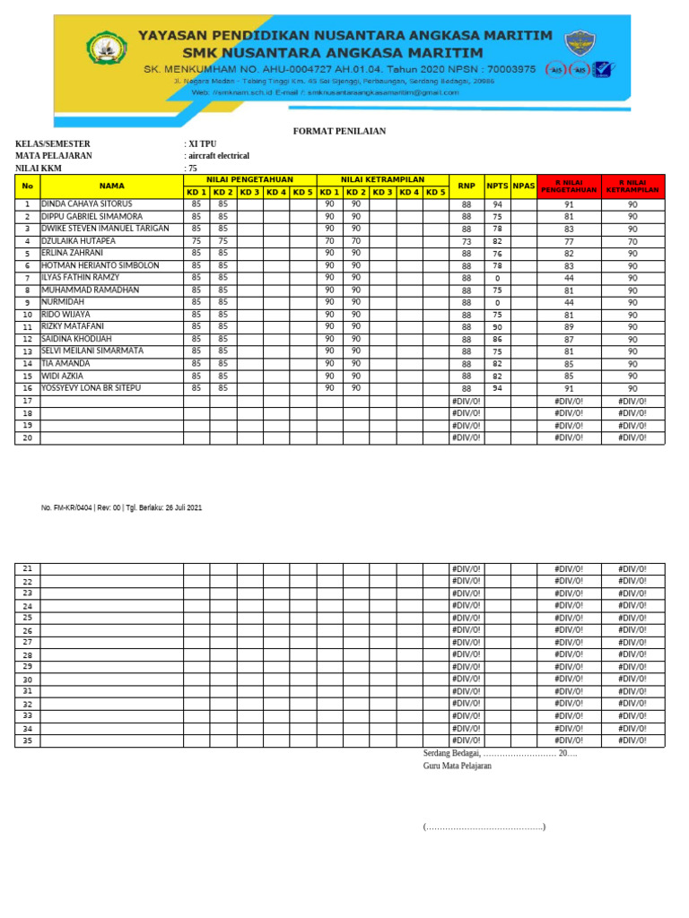 (Wiko) Format Nilai Semester Ganjil 2022 2023 (Kelas XI Dan XII) | PDF