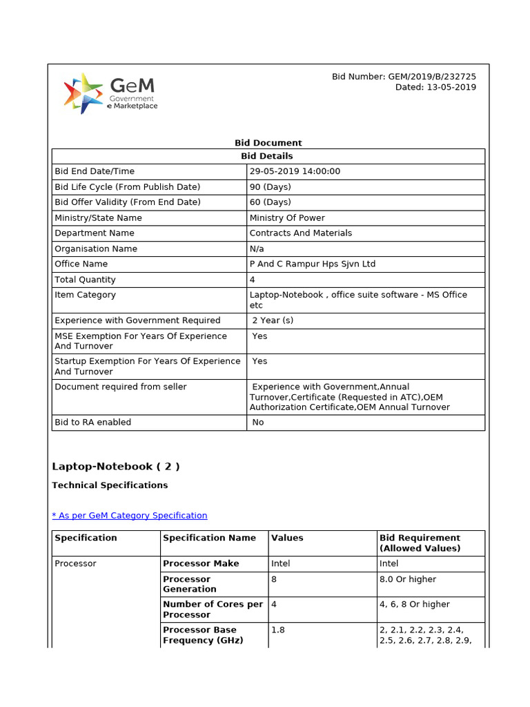 GeM Bidding 1255859 | PDF | Random Access Memory | Solid State Drive