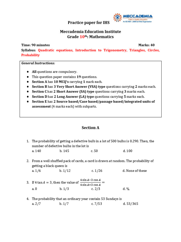IHS students practice paper | PDF