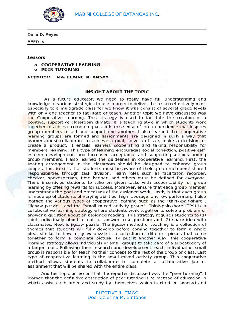 Insight-Cooperative Learning & Peer Tutoring - Reyes Dalia D | PDF