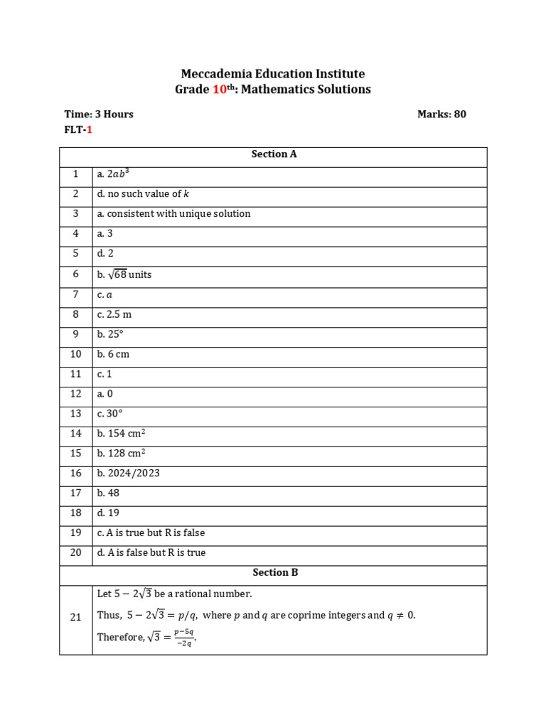 Maths GR 10 FLT-1 Solutions | PDF