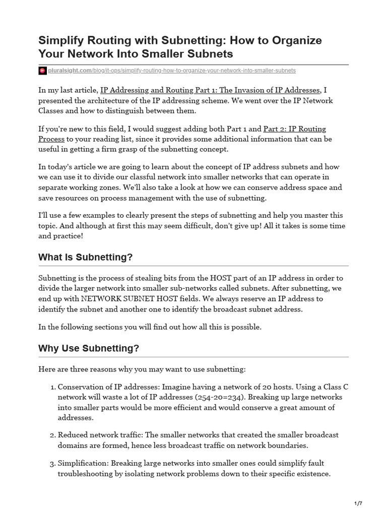 Simplify Routing With Subnetting How To Organize Your Network Into Smaller Subnets | PDF | Ip ...