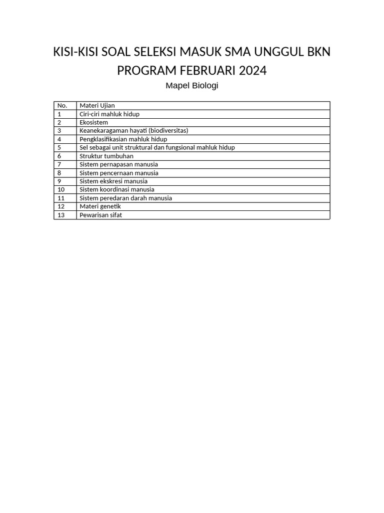 Kisi-Kisi Soal Biologi Seleksi Sma U BKN Februari 2024 | PDF