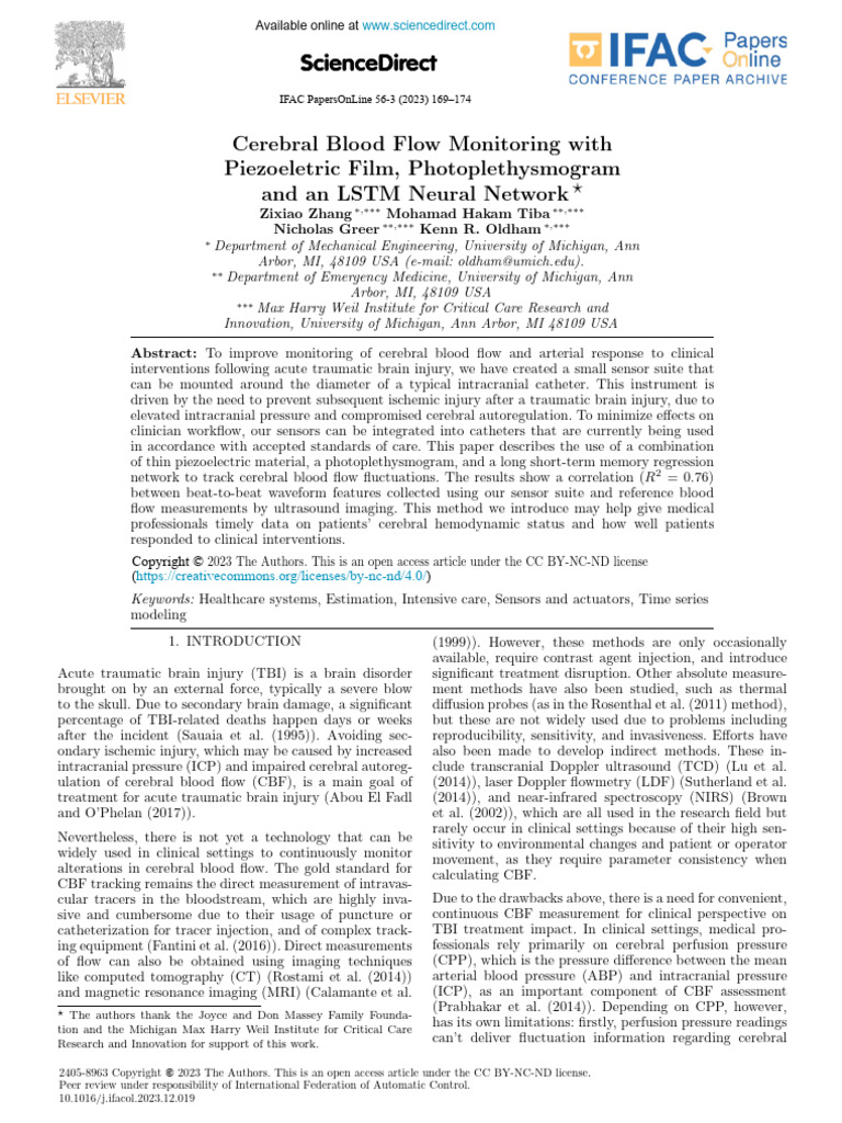 Cerebral Blood Flow Monitoring With Piezoeletric Film Photo - 2023 - IFAC Paper | PDF