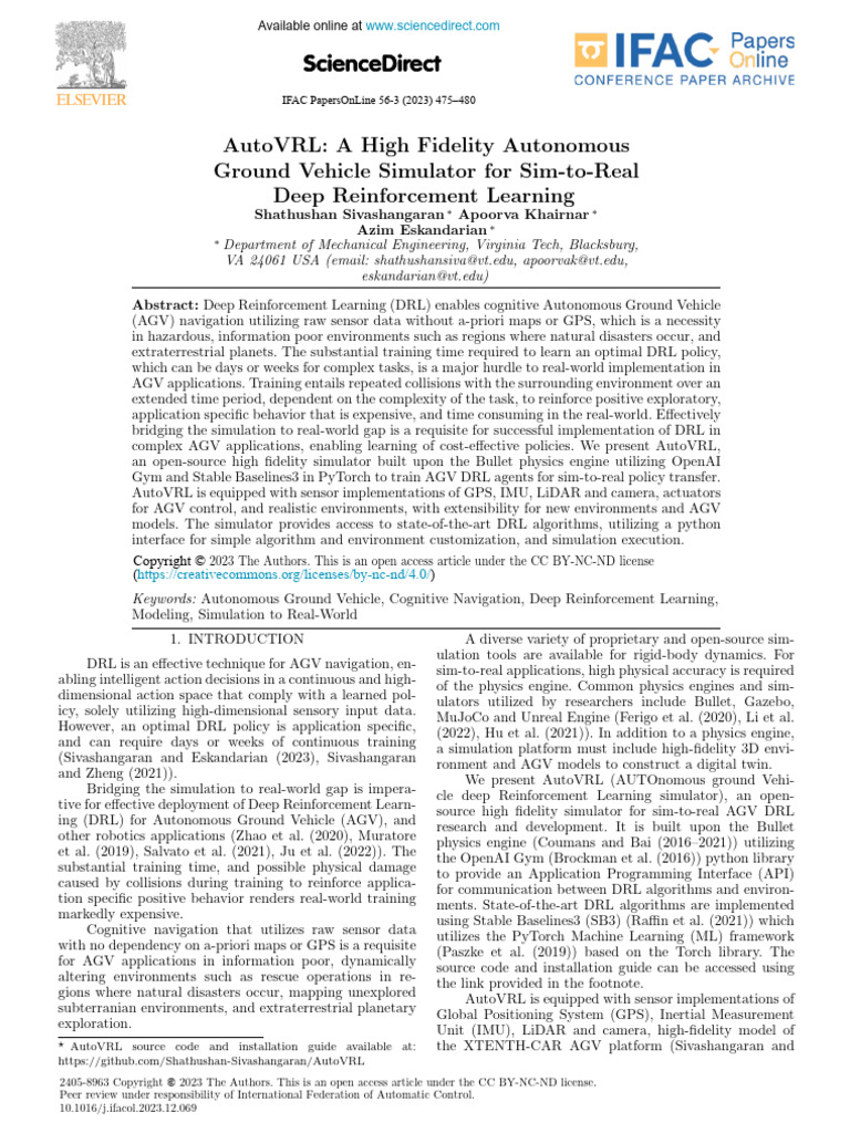 AutoVRL A High Fidelity Autonomous Ground Vehicle Simulator 2023 IFAC Pape | PDF