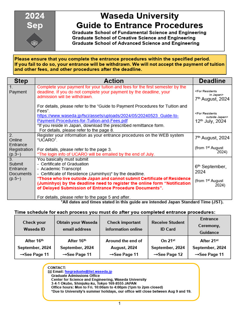 Guide To Entrance Procedures For Sep2024 Enrollment | PDF