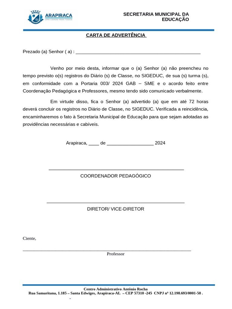 Modelo de Advertência Professor | PDF