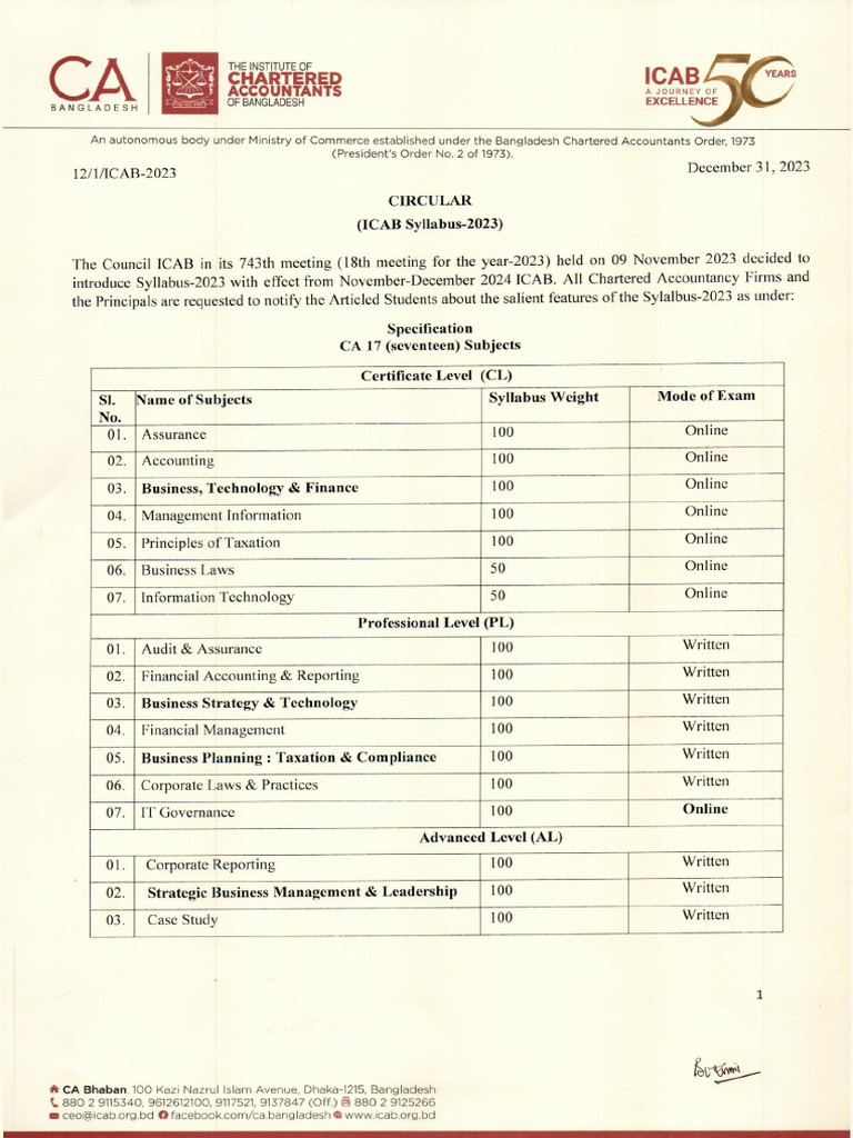 CIRCULAR (ICAB Syllabus-2023) | PDF