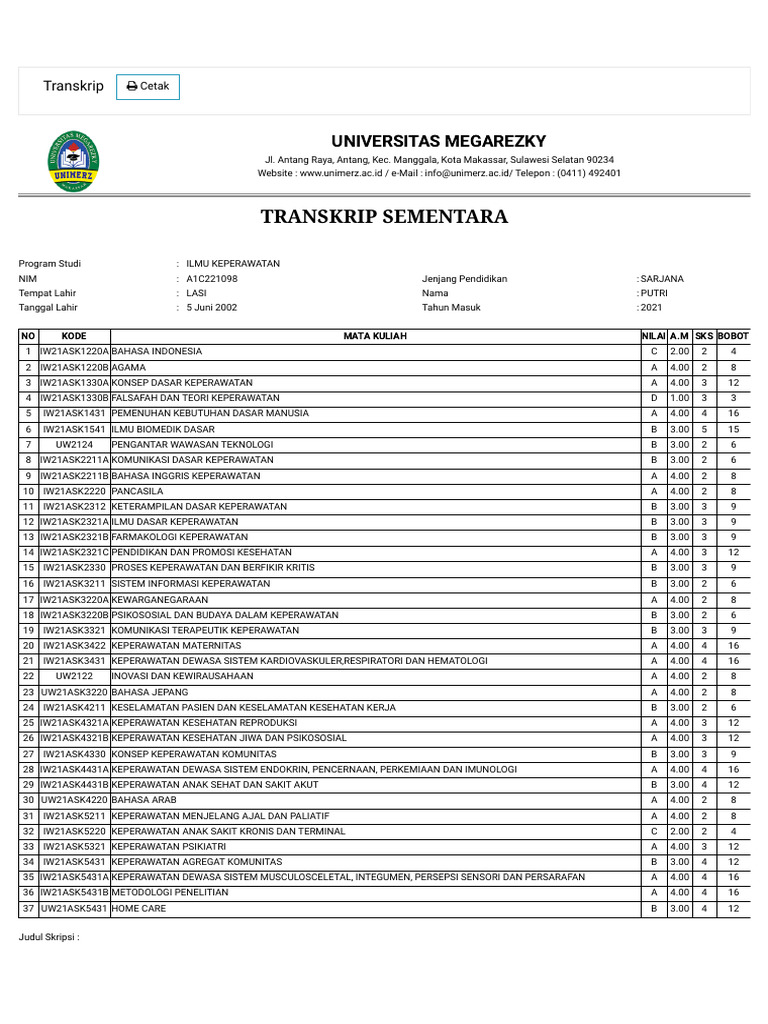 Transkrip Nilai Putri A1C221098 | PDF
