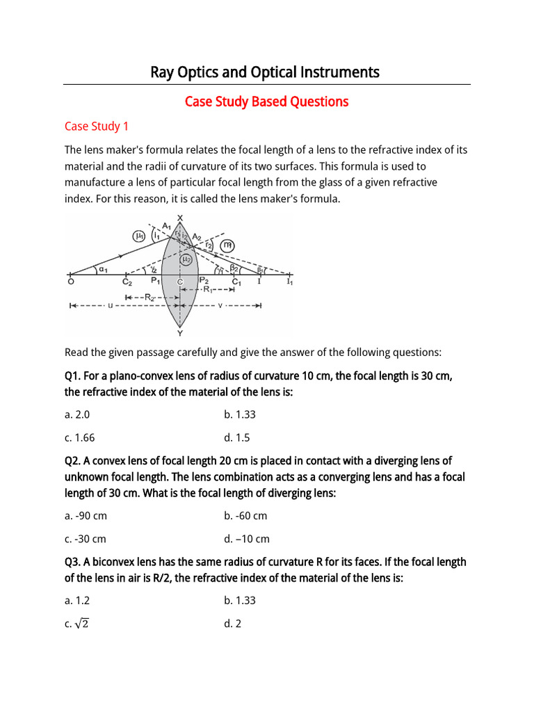 Ray Optics and Optical Instruments: Case Study Based Questions | PDF