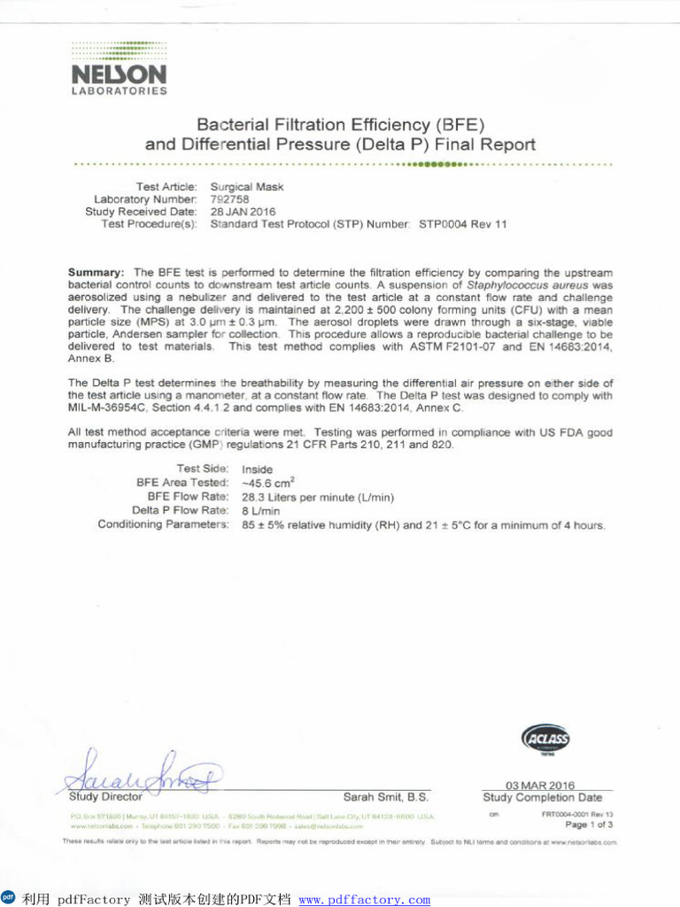 BFE TEst Report Nelson Lab | PDF
