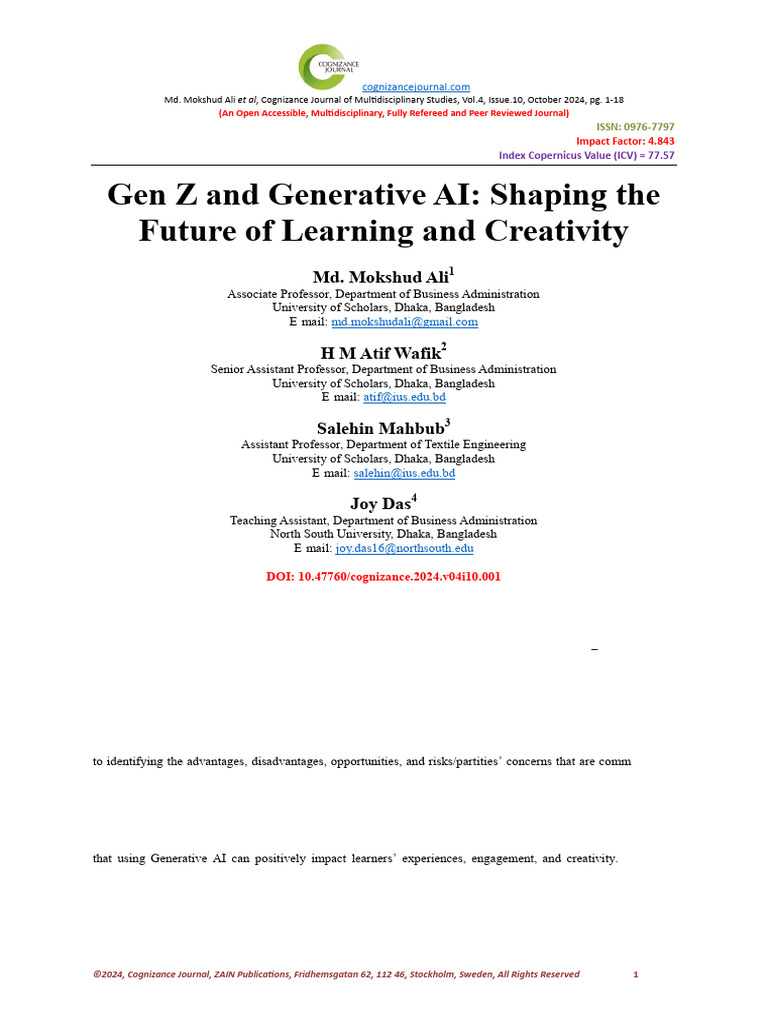Gen Z and Generative AI: Shaping The Future of Learning and Creativity | PDF | Artificial ...