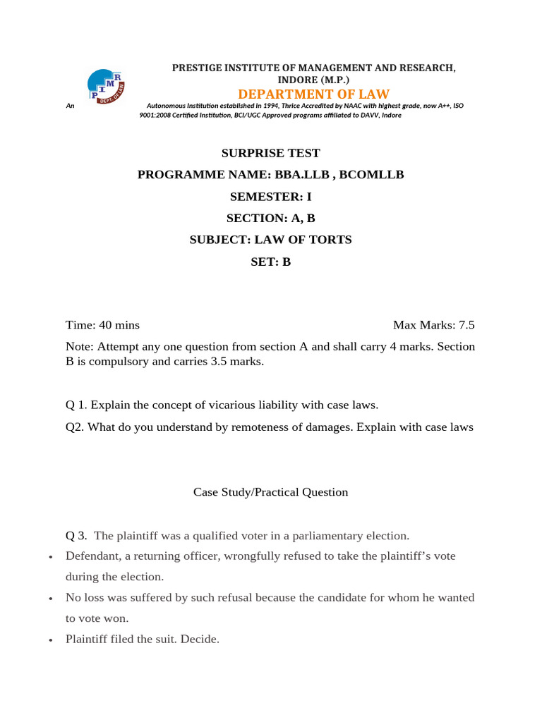 Bballb Sem 1 Torts Set B | PDF